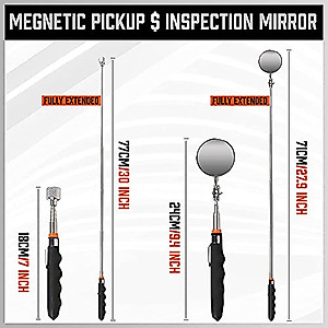 HORUSDY 3PCS Telescoping Magnetic Pickup Tool with LED Lights, 16lb Pick Up Rod, 360 Swivel Adjustable Inspection Mirror, Gadget Tool for Men