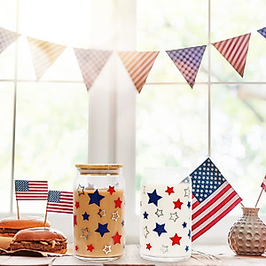 Whaline Patriotic Drinking Glasses with Bamboo Lids and Straw 4th of July Beer Can Glasses 16oz Red Blue White Star Iced Coffee Cups for Independence Day Travel Office Home Gifts, 2Pcs