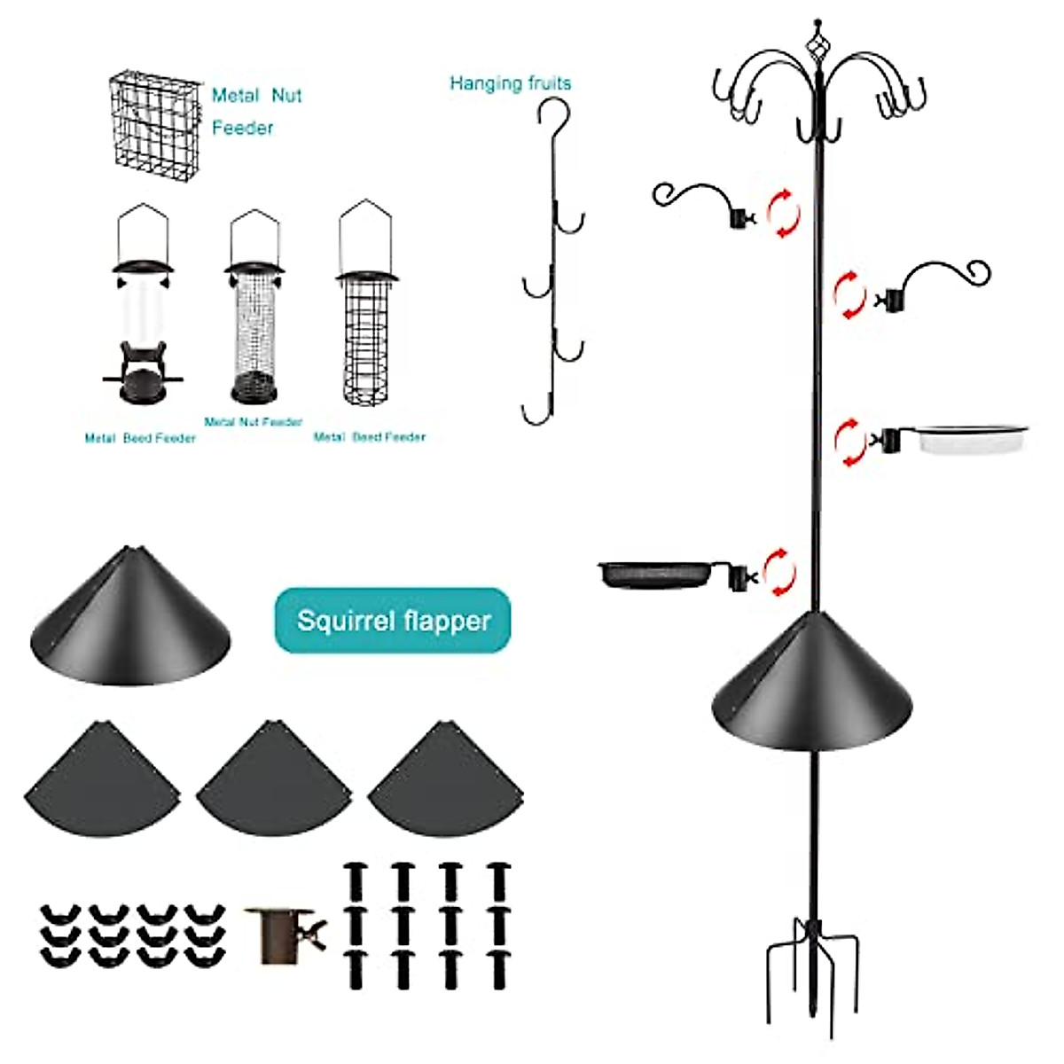 Bird Feeding Station Kit Bird Feeder Pole Wild Bird Feeder Kit with Squirrel Baffle and Suet Cage Mesh Tray Fruit Hook Double W Hook for Attracting Wild Birds