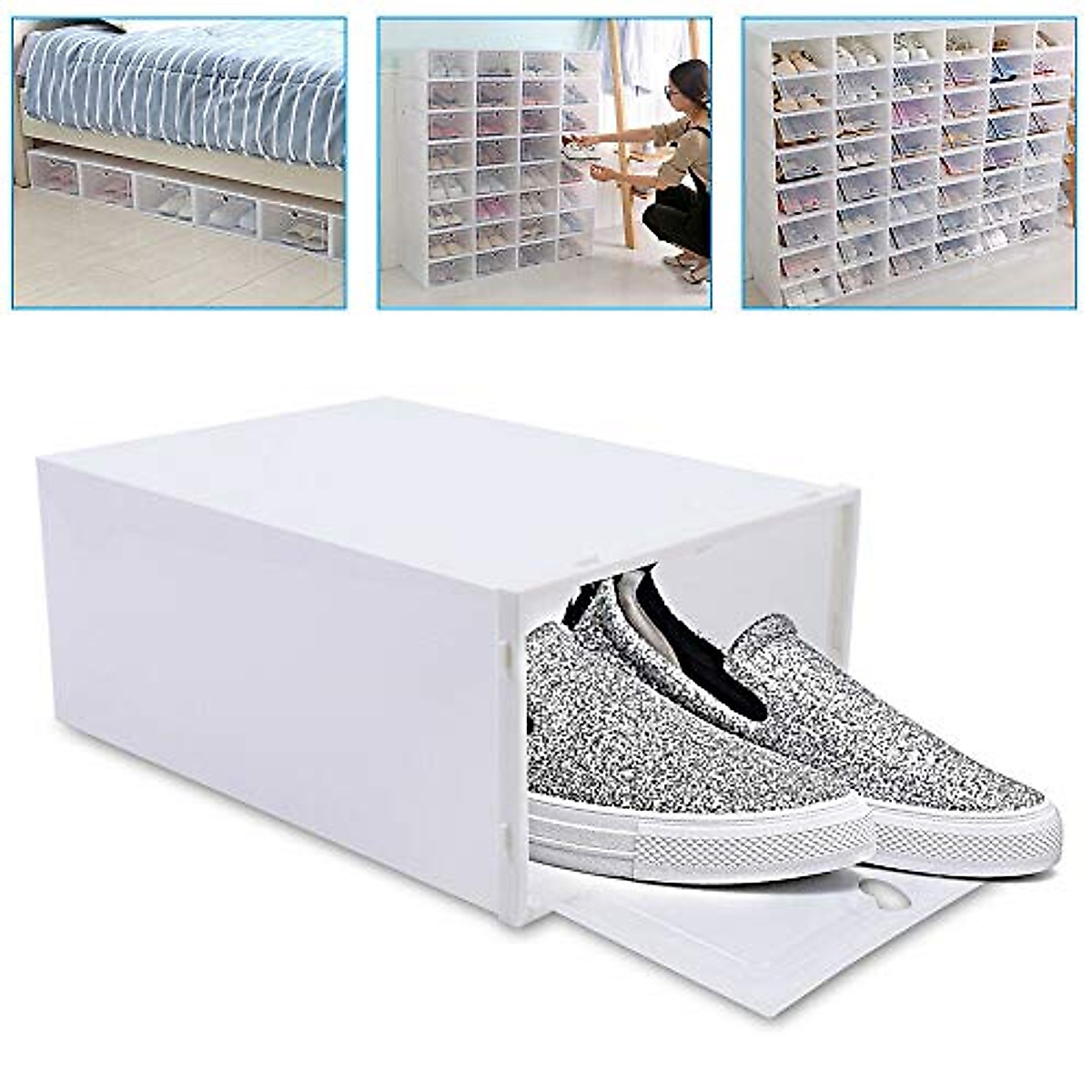 Front Open Shoe Box Set Rack Stack Foldable Shoe Box Plastic Storage Case Clear White Stackable Organizer (24 shoe boxes angel white large (round hole))