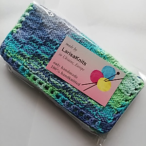 Cotton colorful dishcloth set of 3, Knitted absorbent bright mini towels Dark blue-light green crochet square rags ecology