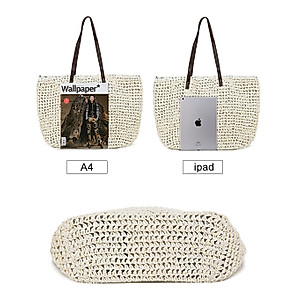 ilishop Women's Classic Woven Straw Tote Summer Beach Weaving Handbag Shoulder Bag (White)