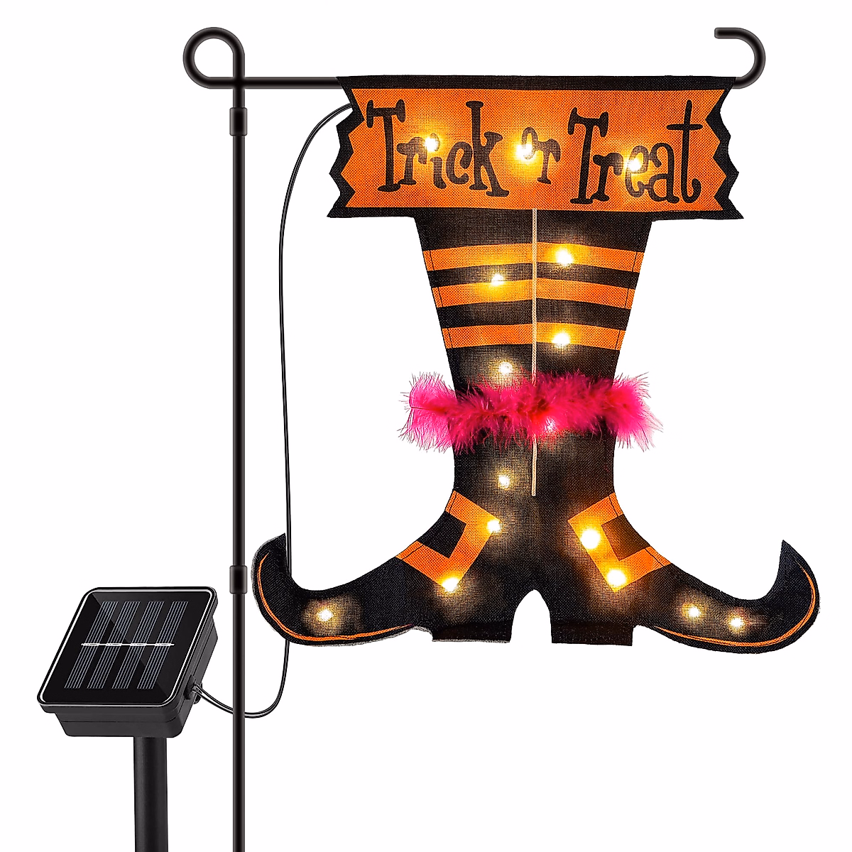 Qunlight Halloween Trick Or Treat Graden Flag lights without flag pole, Double Sided Witch Feet Flag Banner 17.1*17.2Inch ,16 Warm White LED with 8modes Solar Panel, Decorations for Outdoor,Yard ,Home
