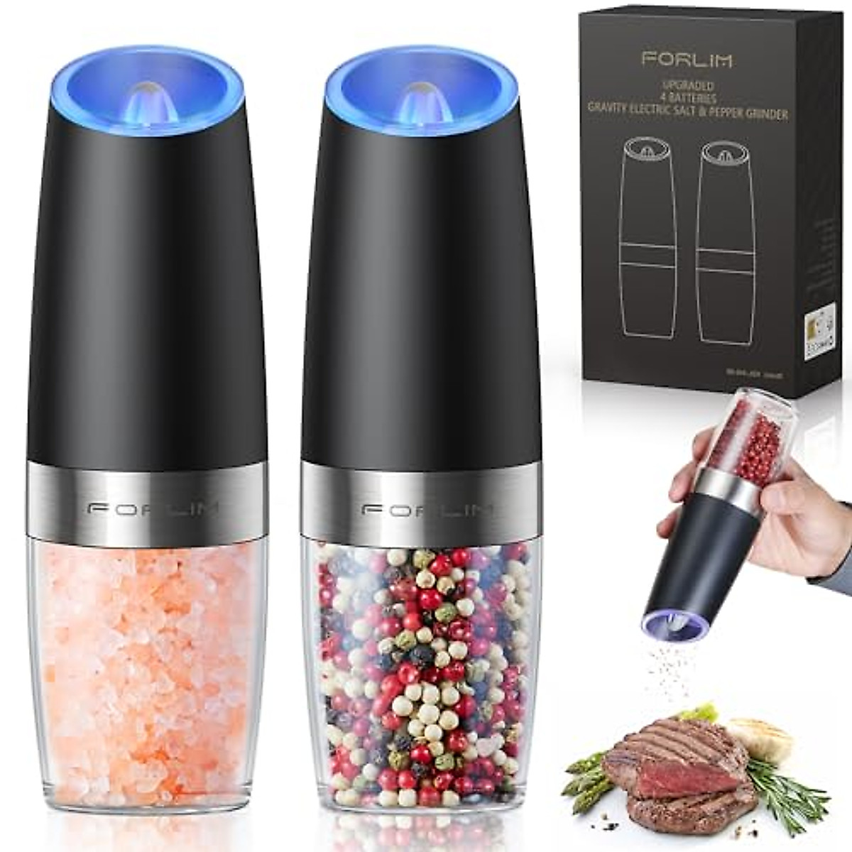 FORLIM Gravity Electric Salt and Pepper Grinder Set, Automatic Pepper Grinder Shakers Mill, Upgraded Batteries Powered Adjustable Coarseness with LED, One Hand Operation Perfect for Kitchen