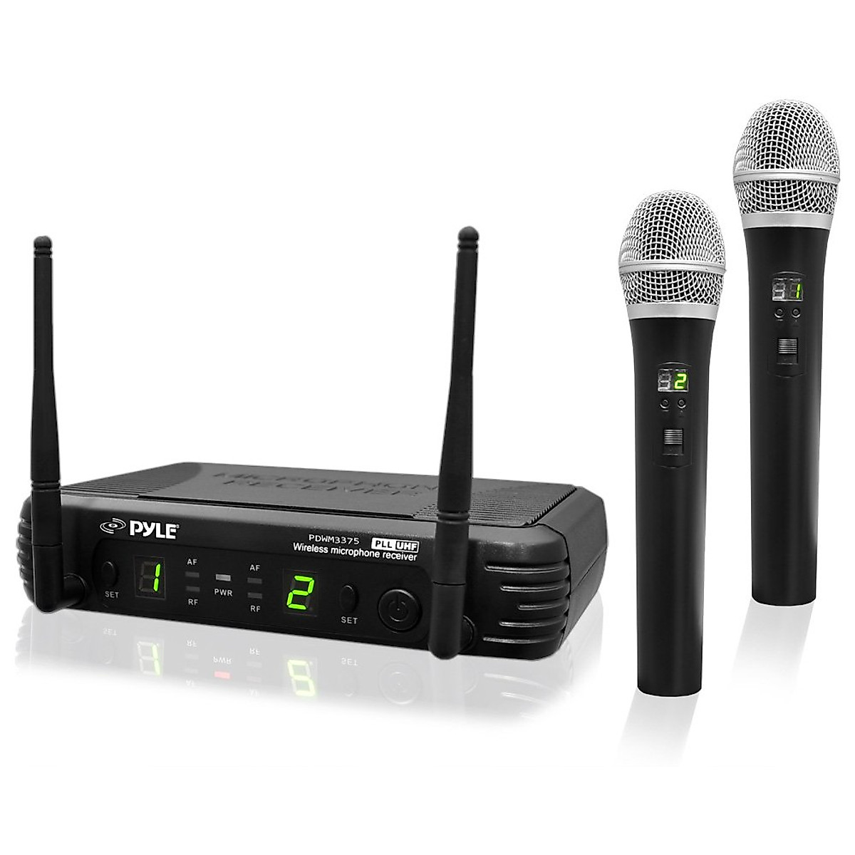 Pyle Professional Wireless Handheld Microphone System - Dual UHF Band, Wireless, Handheld, 2 MICS w/ 8 Selectable Frequency Channels, Independent Volume Controls, AF & RF Signal Indicators