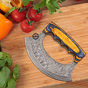 One Handed Rocker Damascus Ulu Knife With Sheath, Rocker Knife For One Handed Cutting, 5.5 Inches Rocker Damascus Ulu Knife, Heavy Duty Rocker Knife/Ulu Knife/Mezzaluna Knife (Pakka Wood)