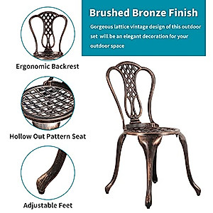 Verano Garden 3 Piece Outdoor Bistro Set Rust-Resistant Cast Aluminum Patio Bistro Set Antique Finish, Weather Resistant Patio Table and Chairs, Outdoor/Indoor Use, Bronze