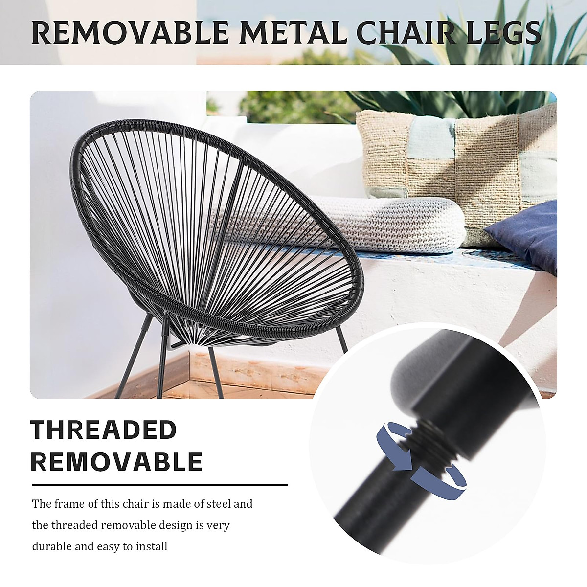 VICBARLEY 3-Piece Patio Acapulco Chairs Set, All-Weather Outdoor Wicker Bistro Set w/Pillow & Glass Top Table, Rattan Conversation Set for Porch,Garden, Balcony, Deck, Poolside, Black