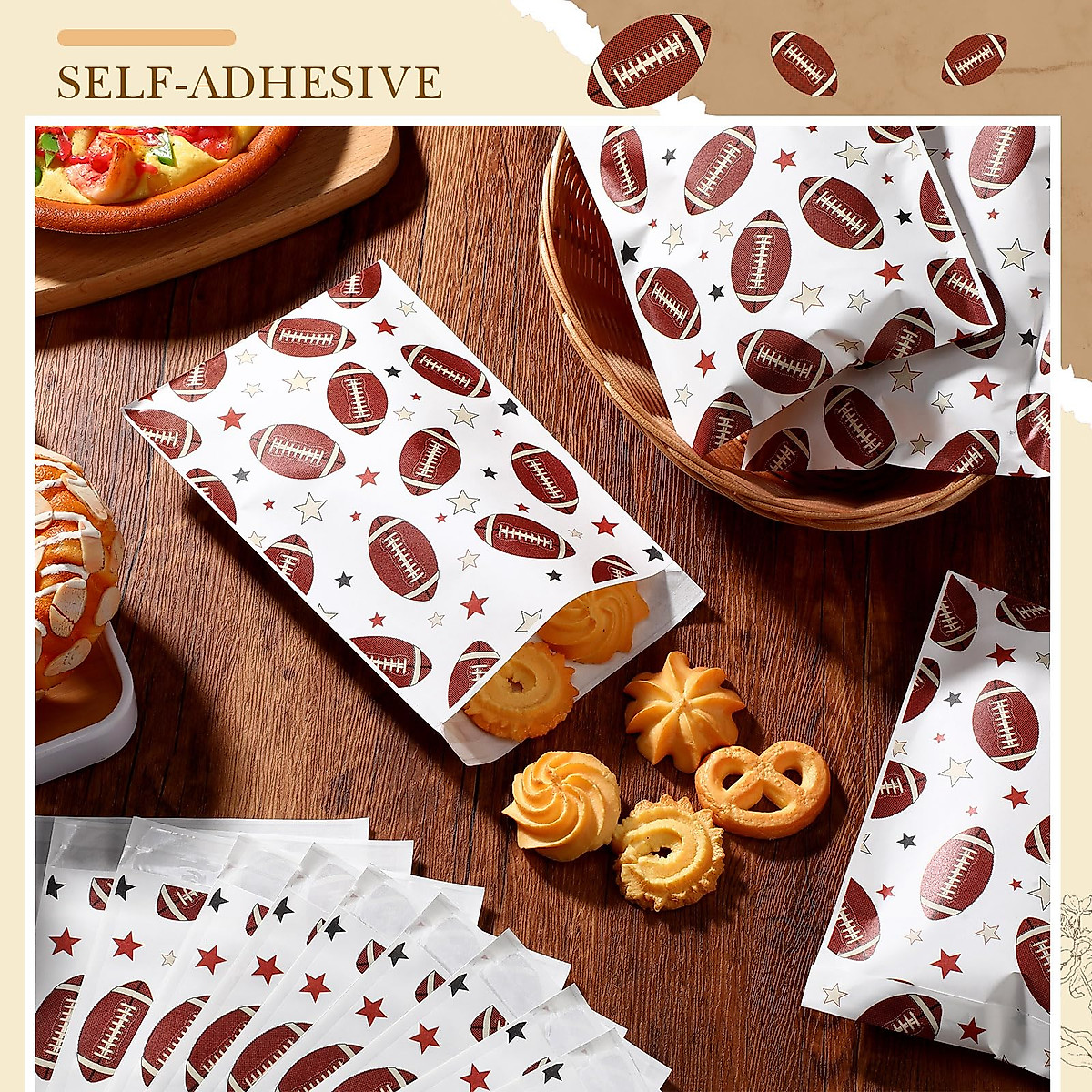 Pasimy 100 Pcs Football Treat Bags Football Candy Bags Football Goodie Cookie Bags Self Adhesive Kraft Paper Football Snack Bags Football Gift Bags for Football Party Favor Bags Supplies Decor