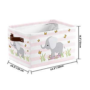 Personalized Elephant Butterfly Grass Canvas Storage Bins with Name Organizer Bin Storage Basket with Handles for Gift Baskets Book Bag (1 Pack)