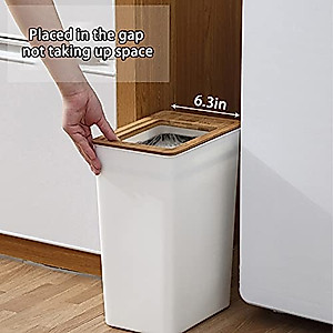 DoxiGlobal Slim Plastic Trash Can with Free Trash Bags Wastebasket with Wood Lid Rectangular Waste Bin Small Garbage Container White for Home Office Bathroom Kitchen-2.4 Gallon/9L