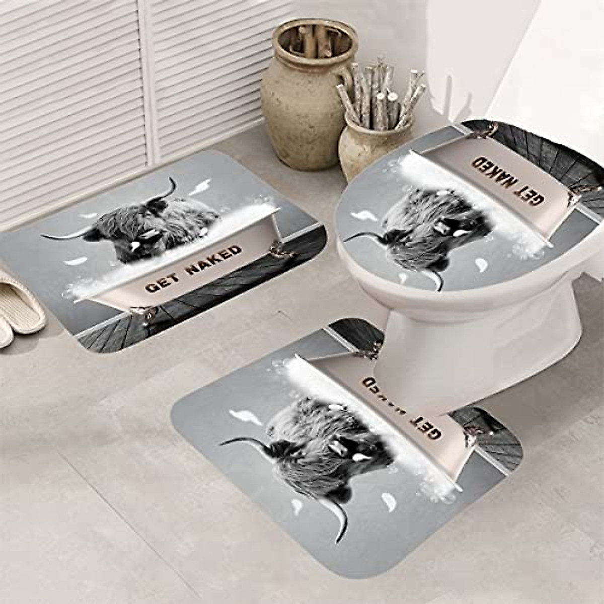 NEWSWELL 4pcs Bathroom Set Highland Cow Bull Shower Curtain 70.8 X 70.8Inch, Get Naked Grey Western Farmhouse with Blanket and Toilet Cover Bath Mat,Polyester Fabric Waterproof 12 Pack Plastic Hooks