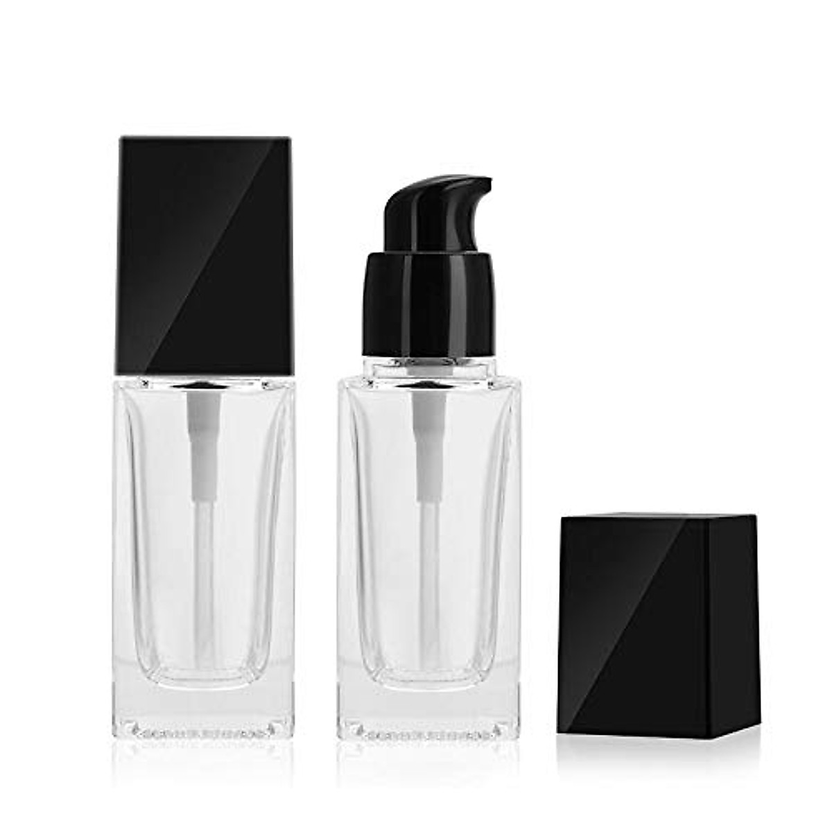 QUUPY 2Pcs 15ml/0.5oz Empty Clear Square Glass Emulsion Essence Bottle With Black Pump Head Cosmetic Foundation Travel Vials Containers Holder For Lotion Cleanser Essential Oils Liquids Body Cream
