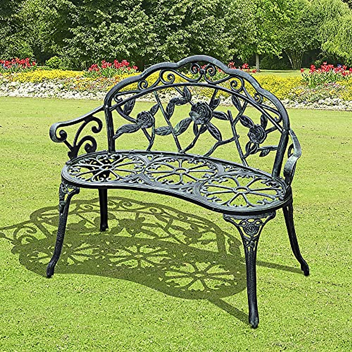 Outsunny Garden Bench Loveseat with Floral Rose Style, Cast Aluminum Frame for Outdoor, Patio, Park, Deck, Antique Green