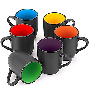 Farielyn-X 6 Pack Coffee Mug Set, 16 Ounce Ceramic Coffee Cups, Black Large Coffee mugs, Restaurant Coffee Cups for Coffee, Tea, Cappuccino, Cocoa, Cereal, Matte Black Outside and Colorful Inside