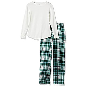 Amazon Essentials Women's Lightweight Flannel Pant and Long-Sleeve T-Shirt Sleep Set, Green/White/Clay, Plaid, Medium