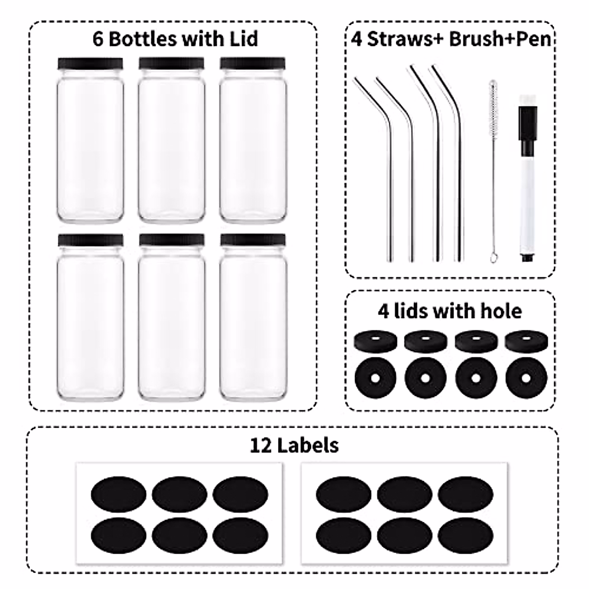 Glass Juice Bottles for Juicing, Airtight Lids & 4 Straws & 4 Lids w Hole, 16 oz Jars with Lids, Reusable Travel Water Cups, 12 Labels for Smoothies, Tea, Milk, Homemade Beverage (6 Pack, Black Lids)