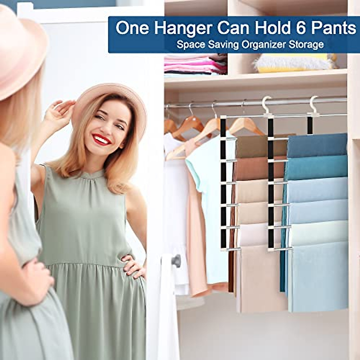 2PC Upgrade 6 Layers Pants Hangers Space Saving, Non Slip Pants Rack for Closet Organizers Storage, Hangs Up to 12 PC, for Trousers,Leggings,Jeans,Skirts, College Dorm Room Essentials