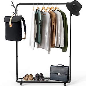 Simple Houseware Industrial Style Garment Rack With Wheels And Hooks, Black