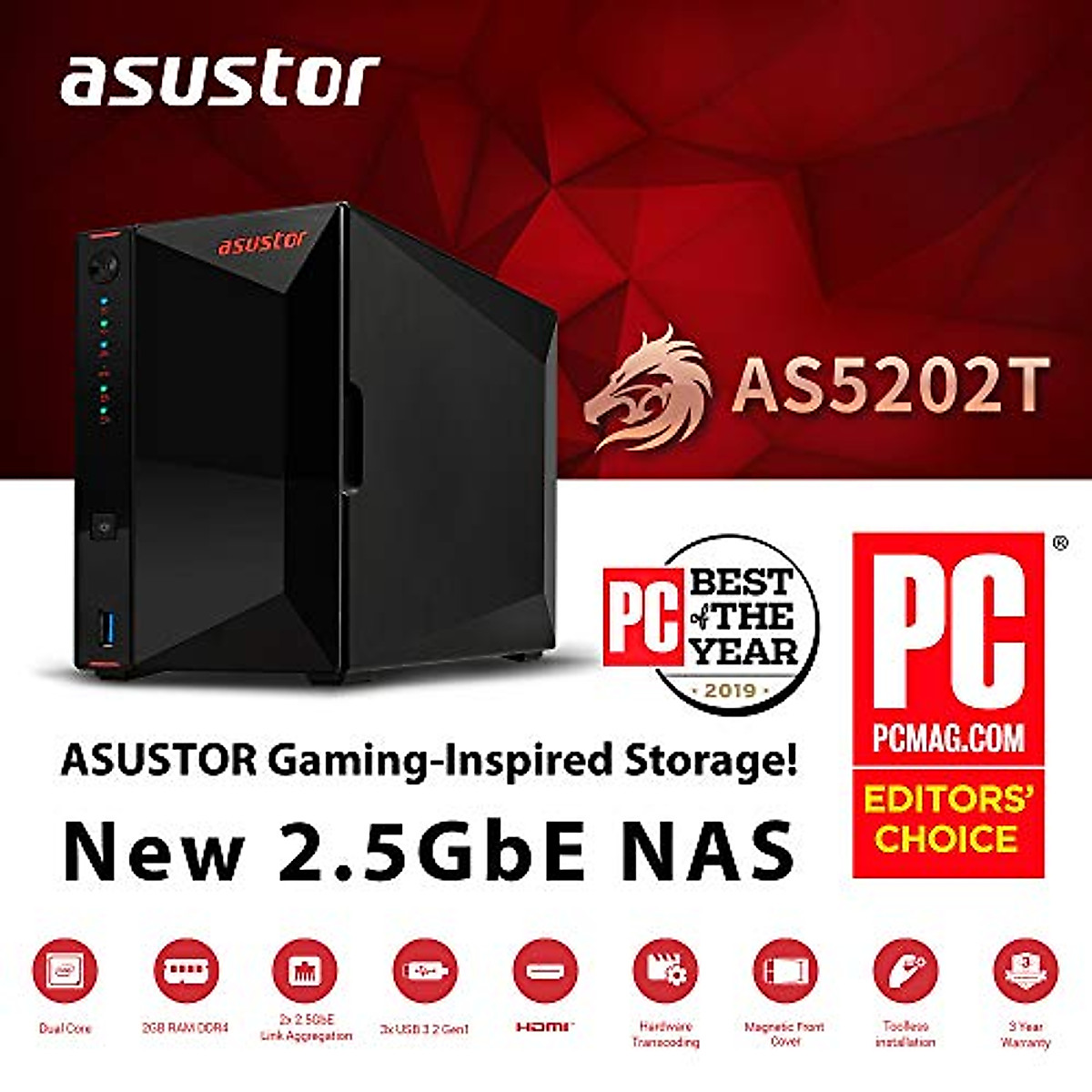 Asustor AS5202T - 2 Bay NAS, 2.0GHz Dual-Core, 2 2.5GbE Ports, 2GB RAM DDR4, Gaming Network Attached Storage, Personal Private Cloud (Diskless)