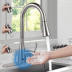 Motion Sensor Automatic Kitchen Faucet Touchless, monbar Pull Down Single Handle One/3 Hole 3 Setting Sprayer Brushed Nickel Solid Brass Kitchen Faucets Spot Free Lead-Free