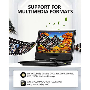 12.5" Portable DVD Player with 10.1" Large HD Swivel Screen, 5-Hour Built-in Rechargeable Battery, Car Headrest Case, Car Charger, Support USB/SD Card/Sync TV, Black