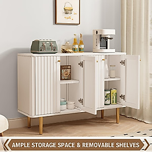 HLR Sideboard Buffet Cabinet, 48" Modern Accent Cabinet with 4 Door and Removable Shelves, Credenza Entryway Cabinet with Storage for Living Room, Dinning Room, Ivory White