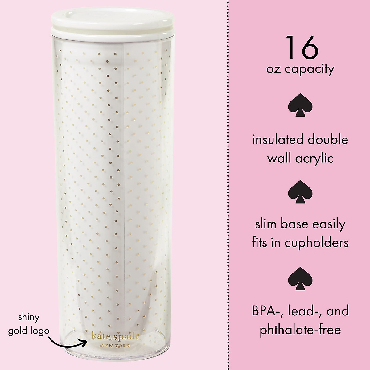 Kate Spade New York Bridal 16 Ounce Insulated Travel Mug with Lid, Double Wall Thermal Tumbler for Coffee/Tea, To Have & To Hold (Gold Dots)