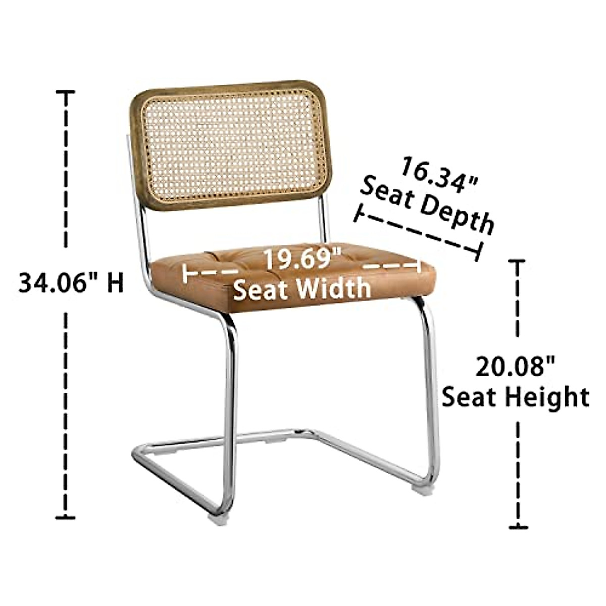 Zouron Mid-Century Modern Dining Chairs, Leather Accent Kitchen Chairs with Rattan Back, Armless Upholstered Fabric Spone Chairs with Chrome Metal Legs, Set of 2, Yellwo Brown