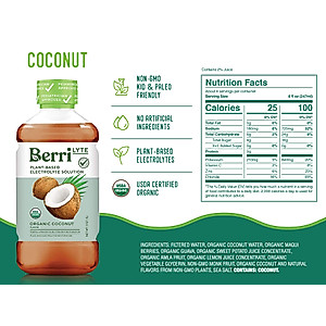 Berri Lyte Plant Based Organic Electrolyte Solution – Pediatric Rehydration Drink – Natural Sugar Coconut Flavor, 1 L, 2 ct