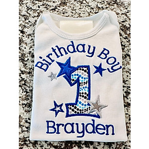Fantasy Kids Designs First Birthday Boy Outfit Bodysuit Personalized with Custom Name (12 Months Short Sleeve, Royal Blue)