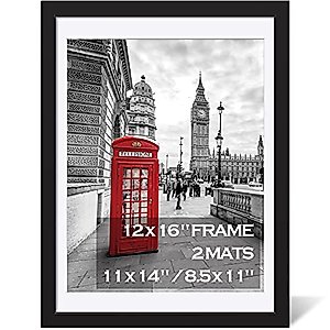 12x16 Picture Frames Made of Solid Wood Display Pictures 11x14 or 8.5x11 Diplomas with Mat or 12x16 Frame without Mat - Picture Frame for 11x14 Black With 2 Mats for Wall Mounting or Table Top Display