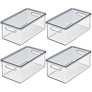 mDesign Plastic Pantry Storage Box Container with Lid and Built-In Handles - Organization for Flour, Cereal, Pasta, Rice, or Food in Kitchen Cupboard, Ligne Collection, 4 Pack, Clear/Smoke Gray