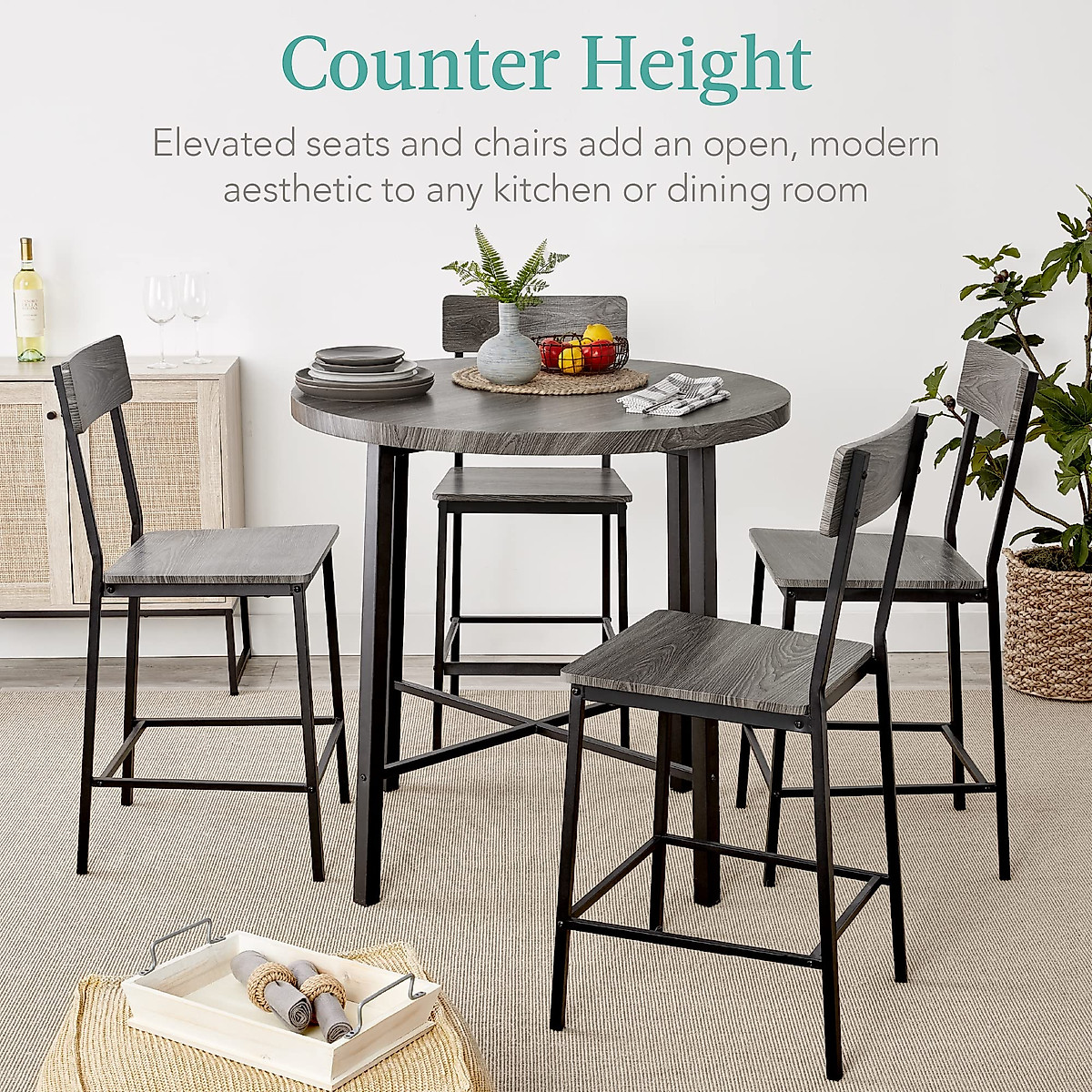 Best Choice Products 5-Piece Modern Round Counter Height Dining Set for Home Kitchen, Dining Room w/ 4 Chairs, 1.5in Thick Table - Gray