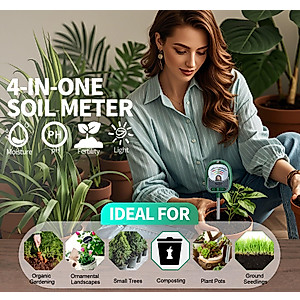 AiGerdinn Soil Test Kit, Soil Moisture Meter/Light/Fertility/Soil PH Meter for Gardening, No Need Battery Soil Tester for Indoor&Outdoor Garden,Farm,Lawn -GrassGreen