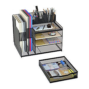 VIVSOL Desk Organizer with Mesh File Holder, 4-Tier Office Supplies Desk Organizers and Accessories with Sliding Drawers, 3 Trays & Pen Holder, Desk File Organizer and Storage for Office, School, Home