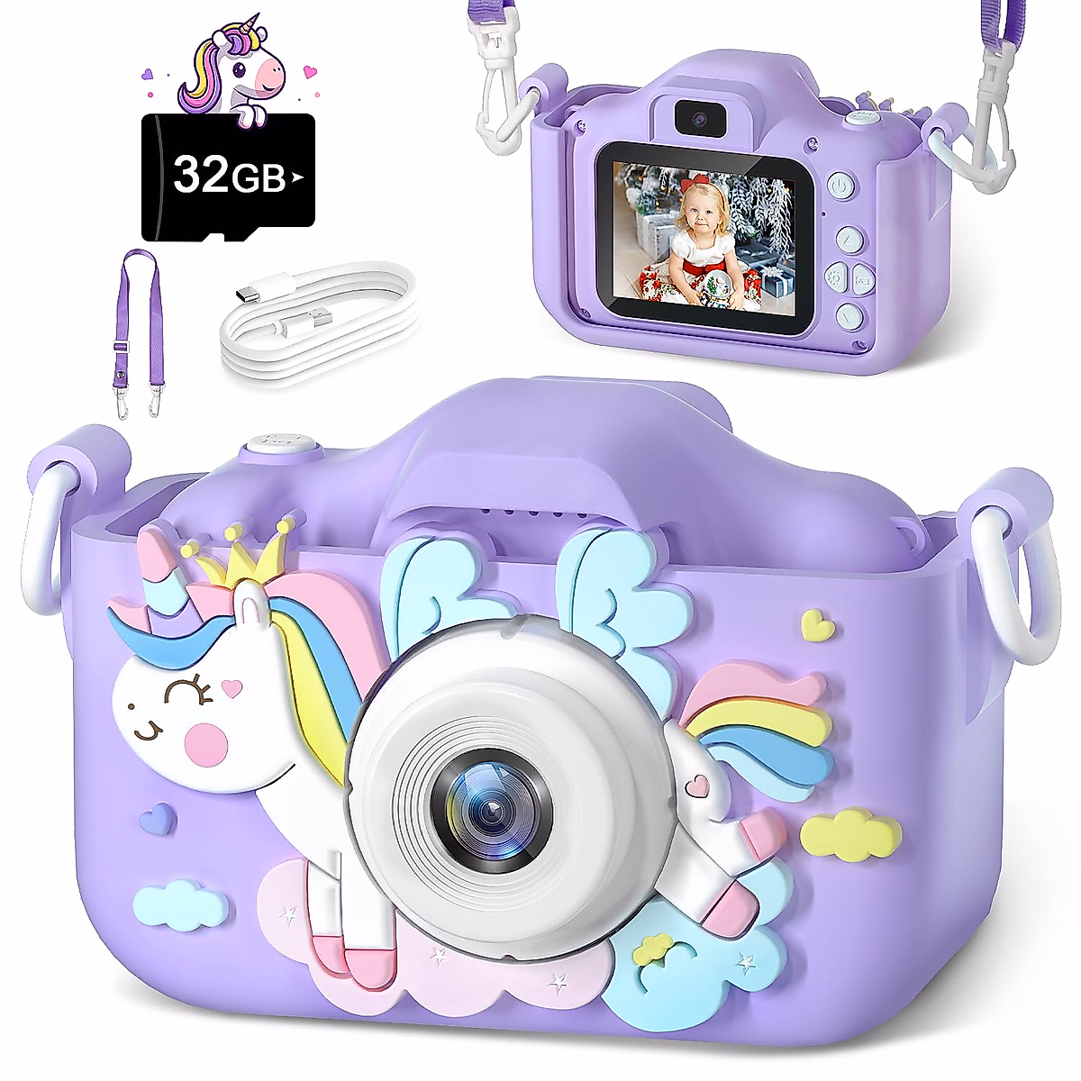 Anesky Kids Camera, Best Birthday for Girls/Boys Ages 3 4 5 6 7 8 9 10 11 12, Kids Digital Camera for Toddler with Video, Toy Camera for 3-12-Year-Olds Kids with 32GB Card - Purple