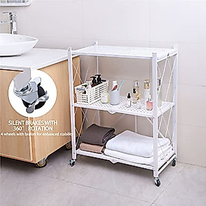 Letusto Heavy Duty Foldable Collapsible Shelf with Wheels with Breaks - Folding Metal Frame Shelving Pantry Organizer System Rack - Shelves with No Assembly Required (White, 3 Tier)
