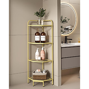 Hzuaneri Corner Shelf Stand, Glass Bookshelf Bookcase, Bathroom Organizer, Plant Stand, Steel Frame, Tempered Glass, Modern Style for Living Room, Bathroom, Kitchen, 4-Tier Golden CS90400G