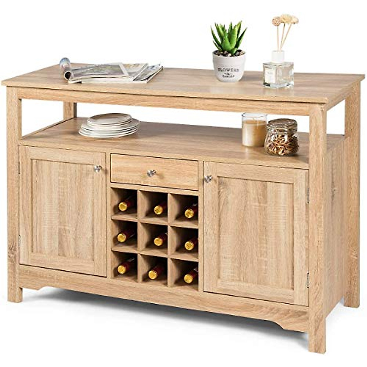 ReunionG Buffet Sideboard, Wine Console Table, Wooden Kitchen Organizer w/2 Cabinets, 1 Drawer and 9 Wine Cabinets, Farmhouse Storage Cupboard, Wine Rack, Server Table, Dining Room Furniture (Natural)