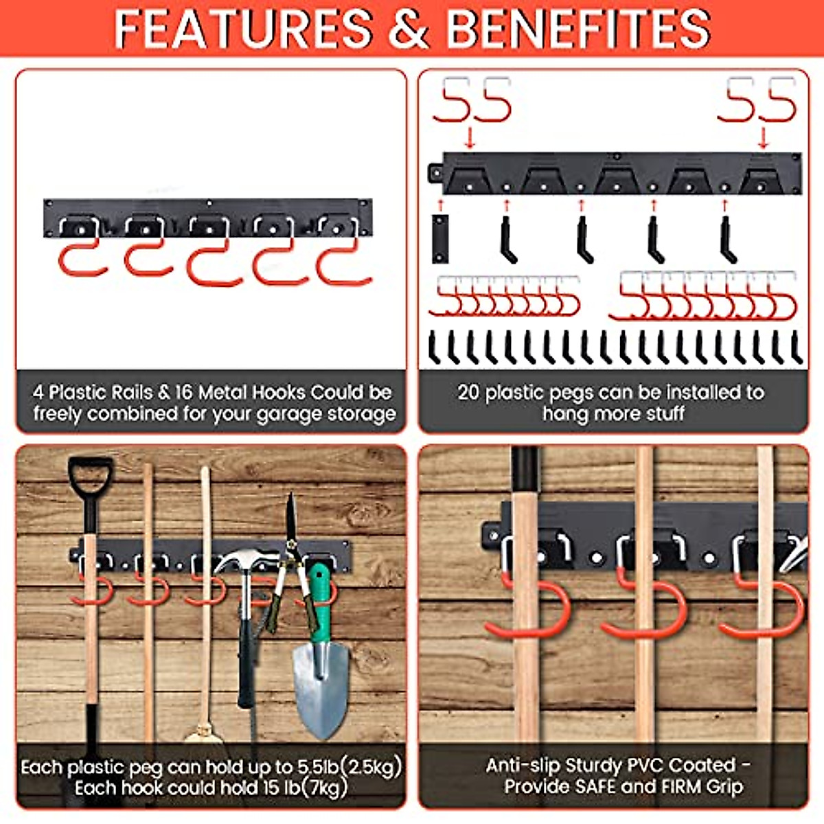 MOHOO 64 Inch Adjustable Tool Hanger Wall Holder for Garden Tools, Wall Mount Tool Organizer, Garage Tool Rack, Heavy Duty Shovel Hanger with 4 Rails 16 Hooks