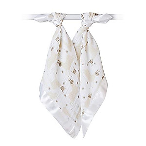 lulujo Baby Security Lovie Blankets| Unisex Softest Breathable Cotton Muslin Security Blanket with Silky Satin Trim| Neutral Comforting Blanket for Girls & Boys | 16in by 16 in| Llama