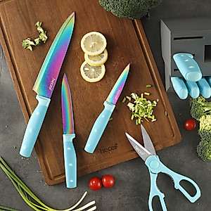 hecef 14 Pieces Knife Set with Block, Rainbow Titanium Knives Set with Laser Pattern, Martensitic Stainless Steel Chef Knife Set with Sharpener, Steak Knife, Scissors, Mothers Day Gift(Blue)