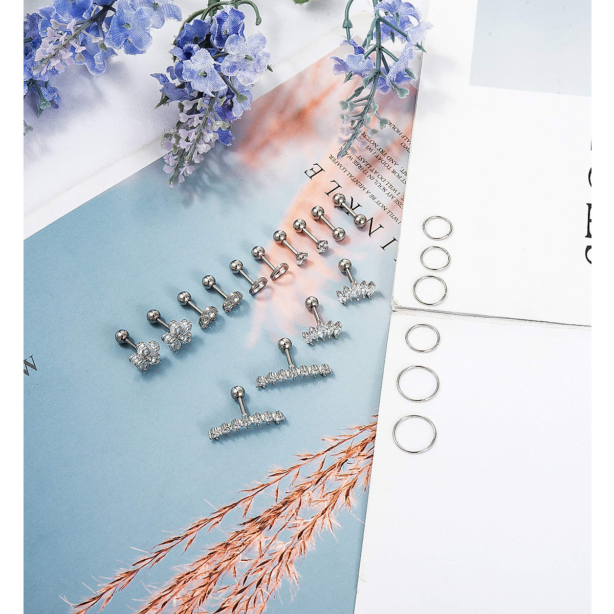 Masedy 10Pairs Stainlesss Steel Cartilage Stud Earrings for Women Helix Tragus Couch Hoop Piercing Earrings Set 10S