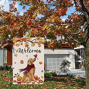 Welcome Fall Garden Flag 12 x 18 Inch Double Sided Burlap, Golden Retriever Dog Cardinal Yard Flags for Seasonal Thanksgiving Farmhouse Decoration(ONLY FLAG)