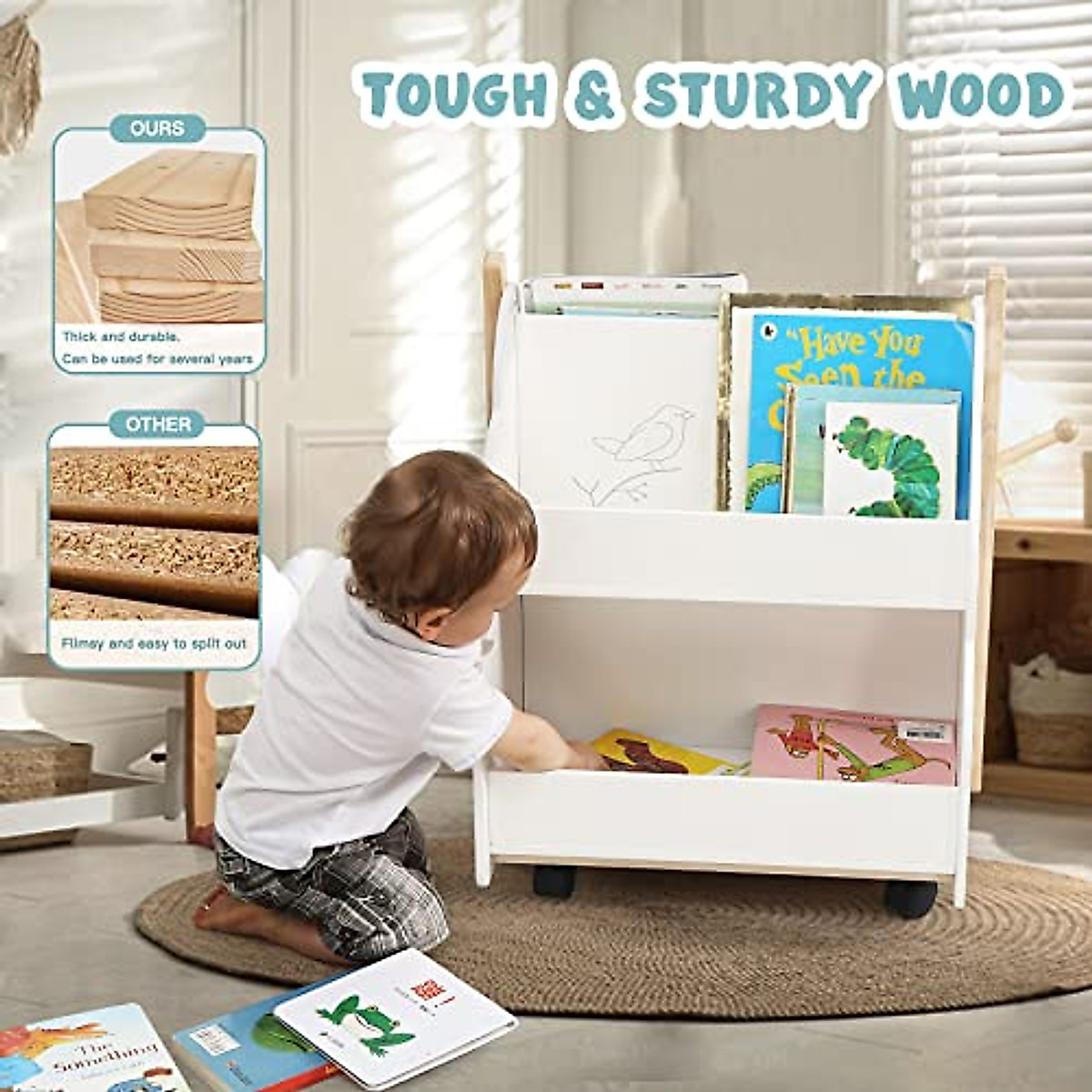 labebe Baby Wooden Bookshelf, Kids Bookshelf with Wheels for 36M+, Book Rack Wood/Kid Bookcase/Children Bookshelf/Toddler Book case/Children Books Display Self/Infant Book Toy Storage White