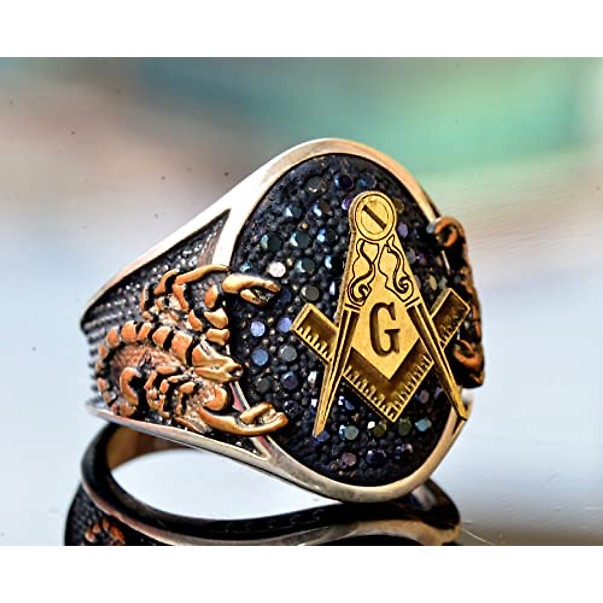 Handcrafted 925 Sterling Silver Men's Freemason Scorpion Ring with Black Agate Gemstone, Masonic Gold Plated King Signet Design, Unique Sterling Silver Ring