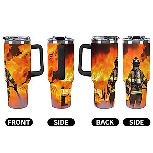 NVBSKKDH Firefighter Fireman Flame 40 Oz Stainless Steel Tumbler with Handle & Straw Double-Walled Vacuum Insulated Travel Mug for Hot/Cold Drinks, Reusable Thermal Cup for Car Cup Holder