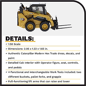 Diecast Masters 1:50 Caterpillar 242D3 Skid Steer Loader with Attachment Accessories | High Line Series Cat Trucks & Construction Equipment | 1:50 Scale Model Diecast Collectible | DM Model 85676