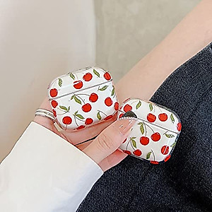 YeLoveHaw Designed for AirPods Pro Cute Case for Women Girls, Red Fruit Green Leaves Pattern, Glitter Golden Lines, Soft Clear Full Body Protective Cover for Airpods Pro Charging Case 2019 (Cherry)